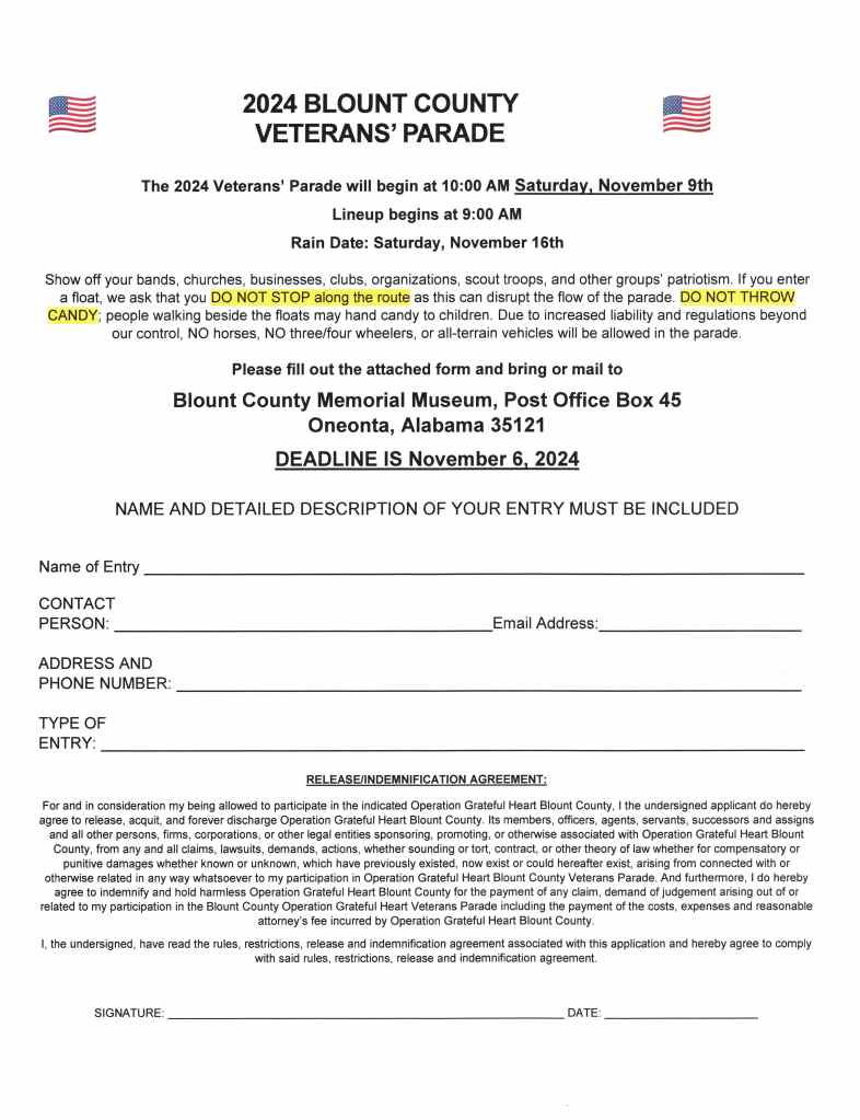 Parade entry form – BLOUNT COUNTY MEMORIAL MUSEUM & HISTORICAL SOCIETY