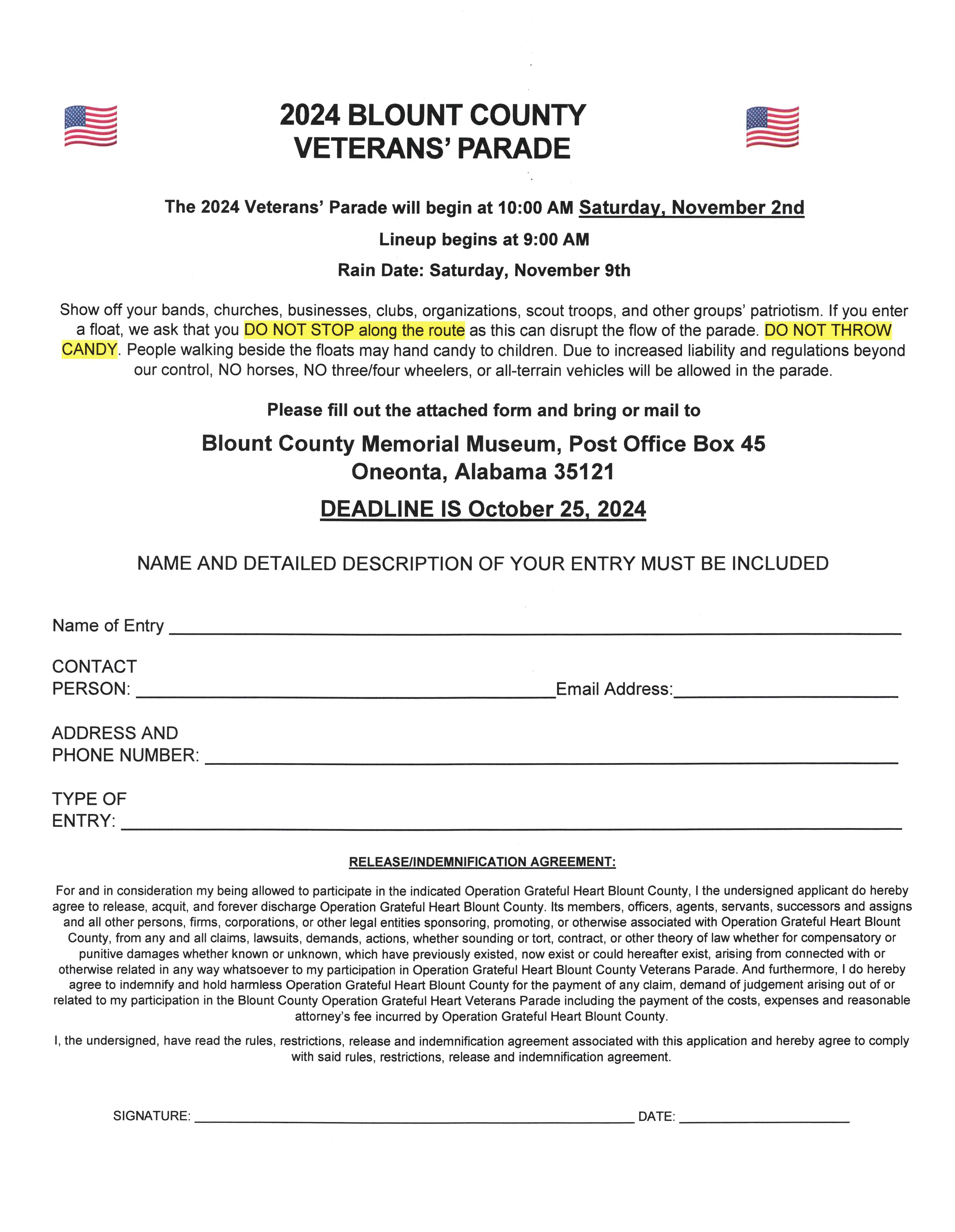 Parade entry form – BLOUNT COUNTY MEMORIAL MUSEUM & HISTORICAL SOCIETY